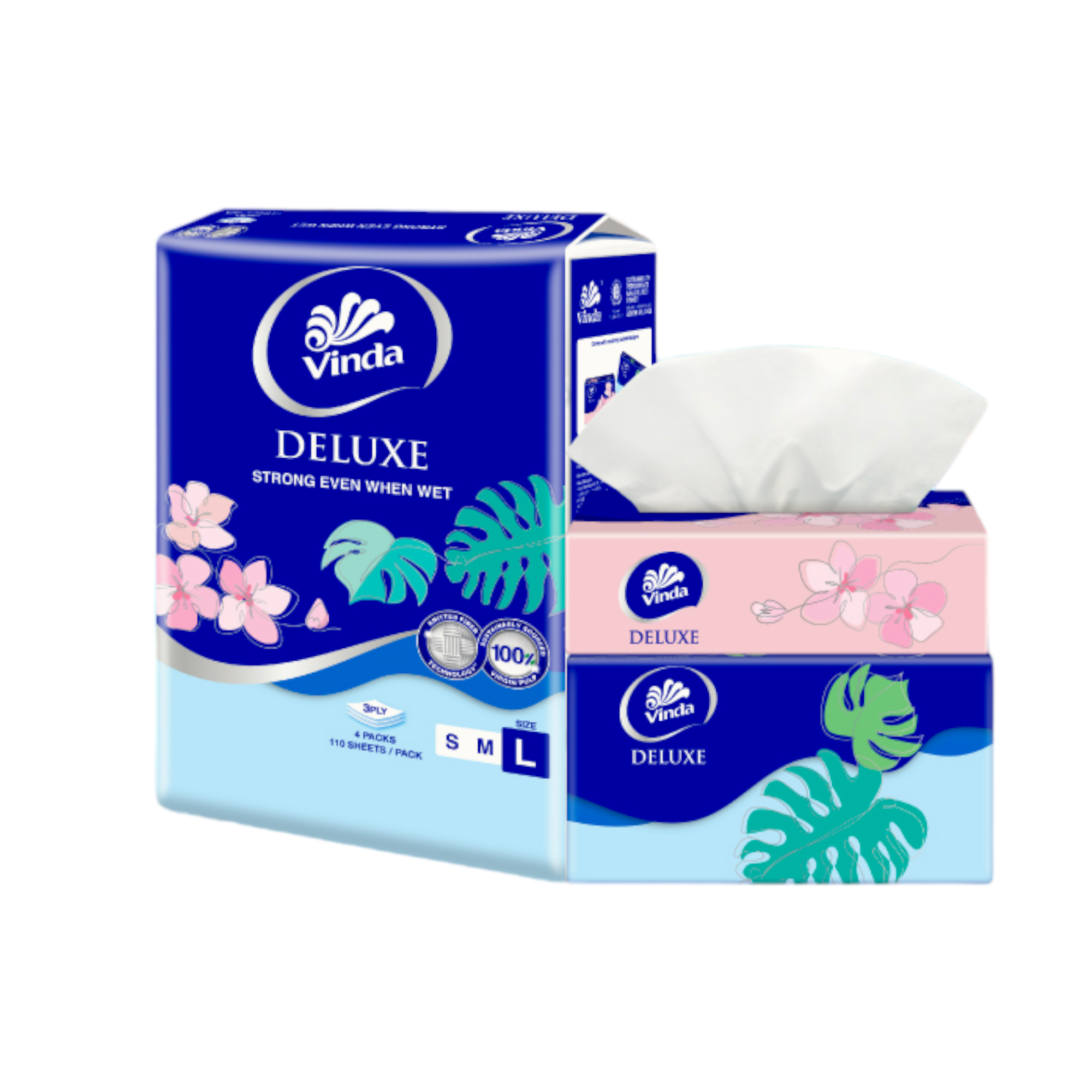 Vinda Deluxe Strong Even When Wet 3Ply Facial Tissue Soft Pack Size L (4Pack x110Sheets) - EB